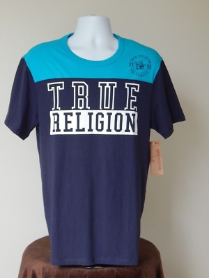 NWT TRUE RELIGION BLOCK RLGN FOOTBALL CREW NECK SS NAVY TURQUOISE T ...