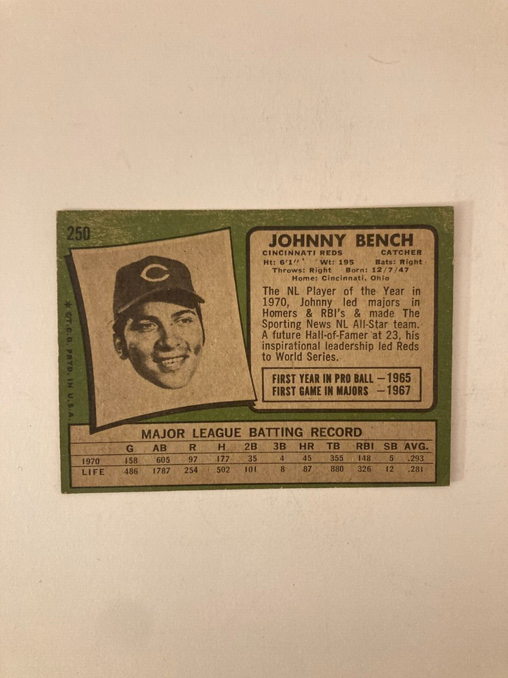 1971 Topps Set Break-JOHNNY BENCH Baseball Card#250 Cincinnati Reds | eBay