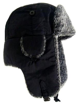 WINTER RUSSIAN TRAPPER HAT mens medium black & grey fur cossack Soviet ...