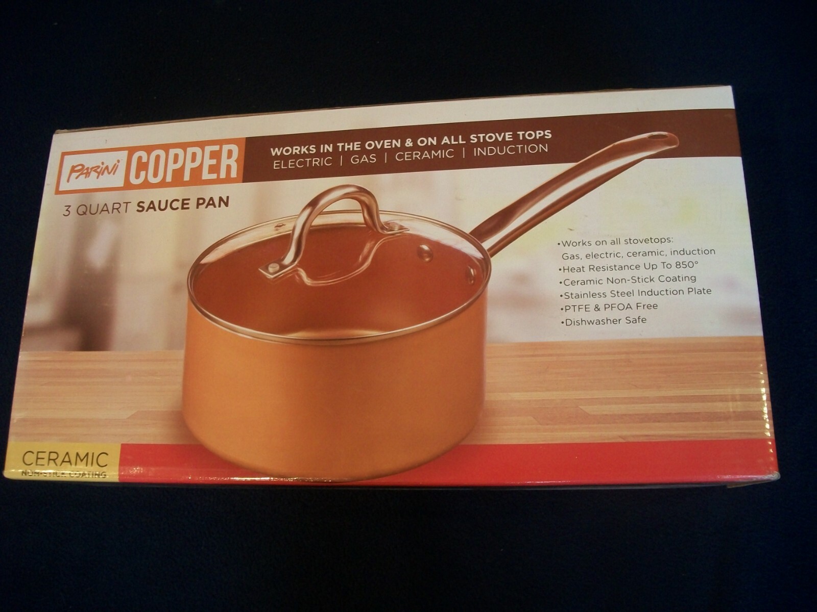 PARINI COPPER 3 QUART SAUCE PAN NON-STICK COATING PTFE & PFOA FREE NEW ...