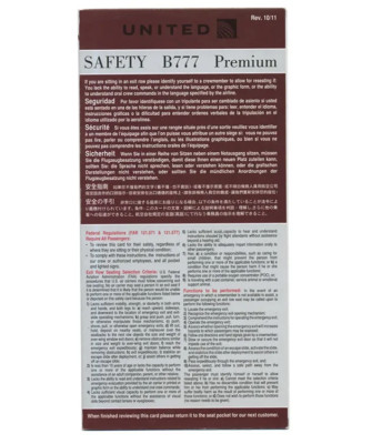 United Airlines Boeing 777 Safety Emergency Card/Emergency Card 10/11 ...