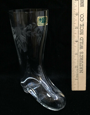 Boot Vase Shoe Mouth Blown Clear Glass Etched Floral Leaf Lausitzer ...