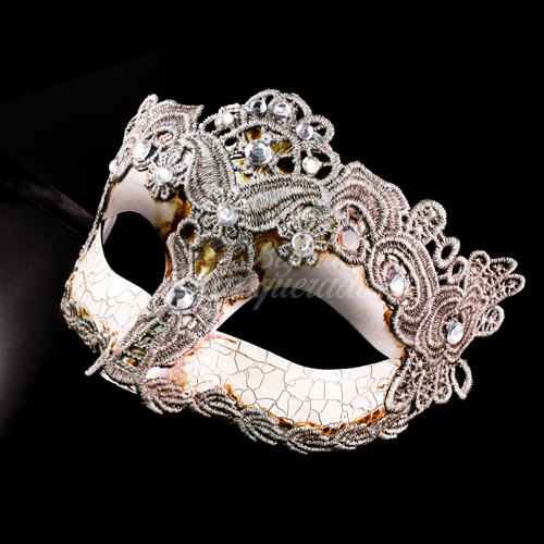 Venetian Goddess Brocade Lace Masquerade Mask with Rhinestones - Silver ...