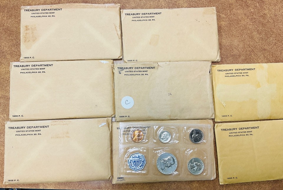 1955 U.S. Silver Proof Set of 5 Coins original government envelope flat ...