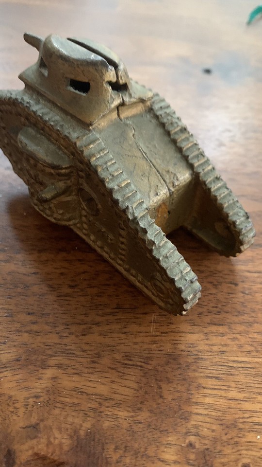 ORIGINAL ANTIQUE 1918 WW1 CAST IRON TOY TANK BANK MILITARY U.S.A. 4.5x2 ...