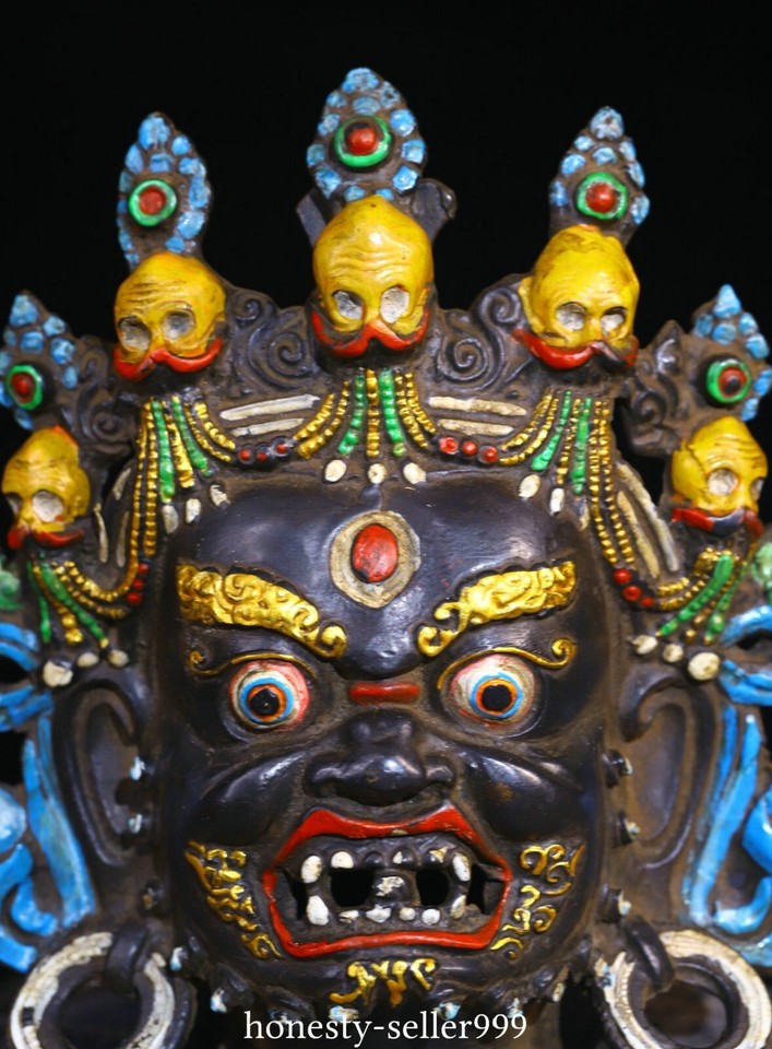 8'' Old Nepal Bronze Inlay Gem Mahakala Wrathful Deity Buddha Face Mask ...