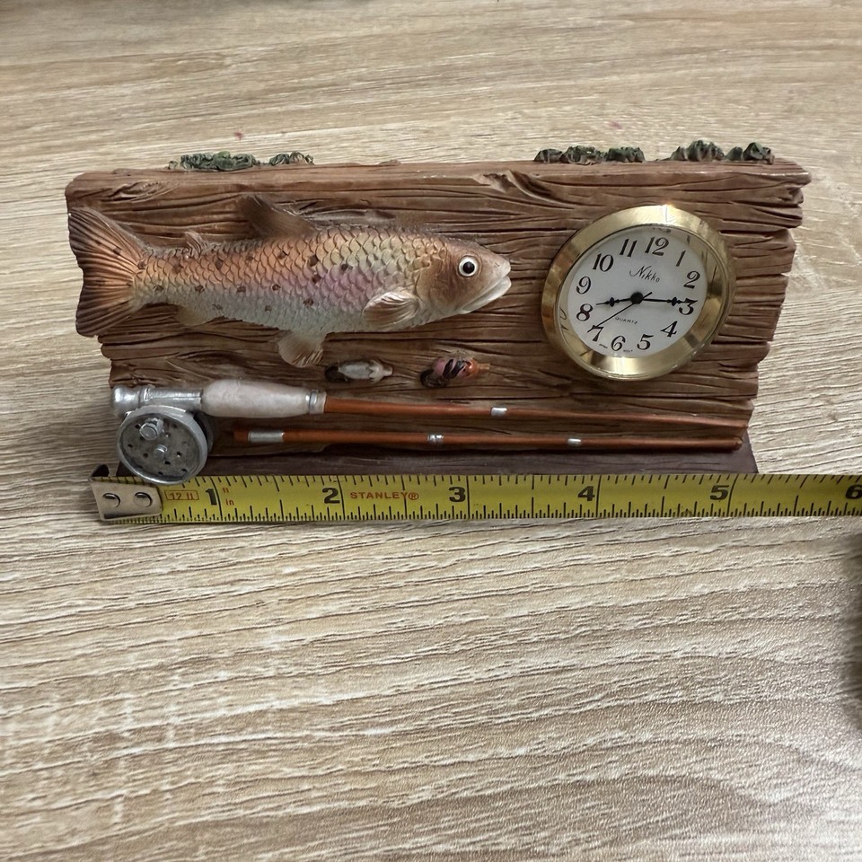 Vintage Fishin Time Resin Decorative Tabletop Clock Nikko Quartz Slifka ...