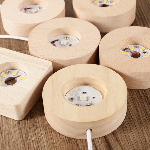 Round Solid Wood Luminous Base Wooden LED Lamp Holder Warm Light Lamp ...