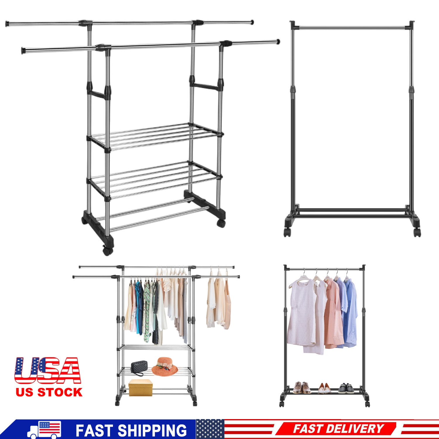 Single/Double Adjustable Clothes Hanger Rolling Garment Rack Duty Rail ...