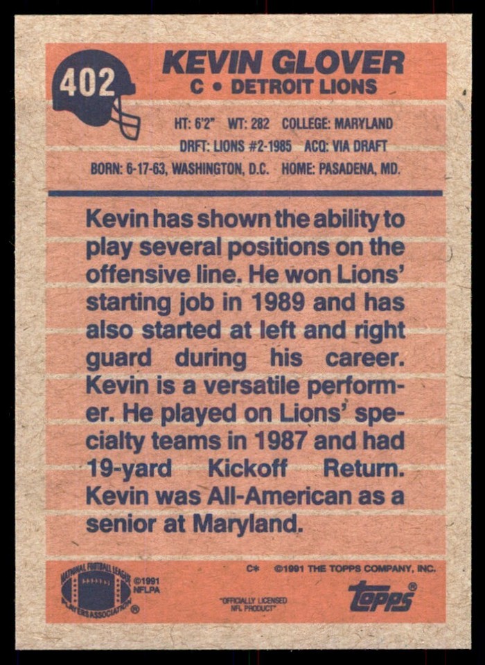 1991 Topps Kevin Glover Detroit Lions #402 | eBay