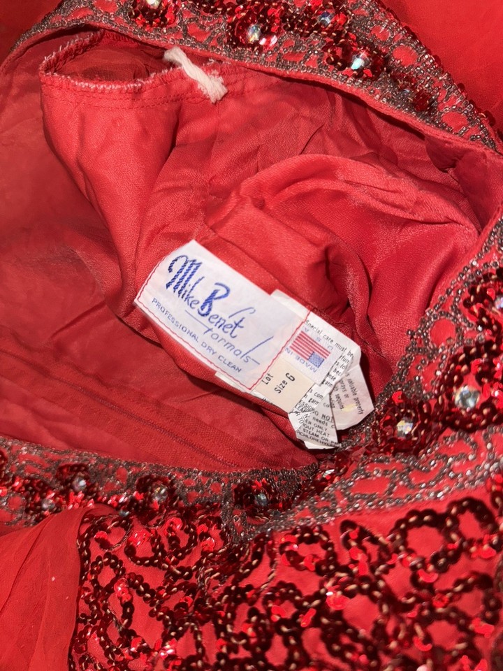 Vintage Mike Benet red chiffon off shoulder formal gown beaded flutter ...