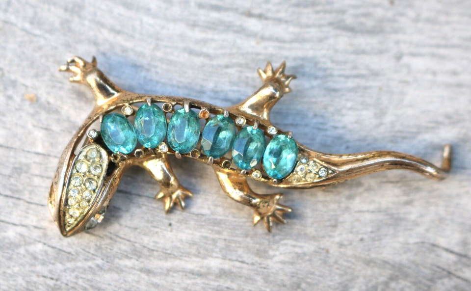Coro Craft 1940's Sterling Blue Rehinstone Salamander Gecko Lizard Pin ...