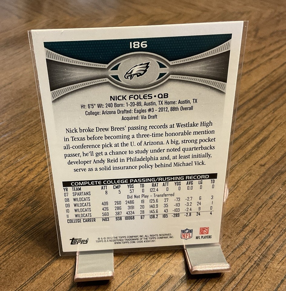 2012 NFL Topps Nick Foles Rookie Card, #186 Eagles. | eBay