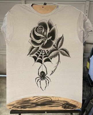 Airbrush T Shirt Rose Spider Web On Medium Gildan Beige Cotton Shirt ...