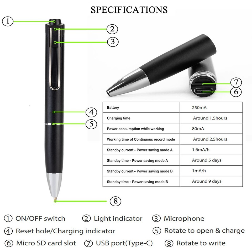 WIFI Audio Pen Voice Recorder Real-Time Audio Thru App Voice Activated ...