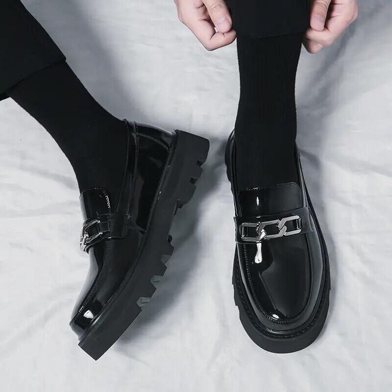 Men Punk Creepers Faux Patent Leather Loafers Thick Heel Platform Penny ...