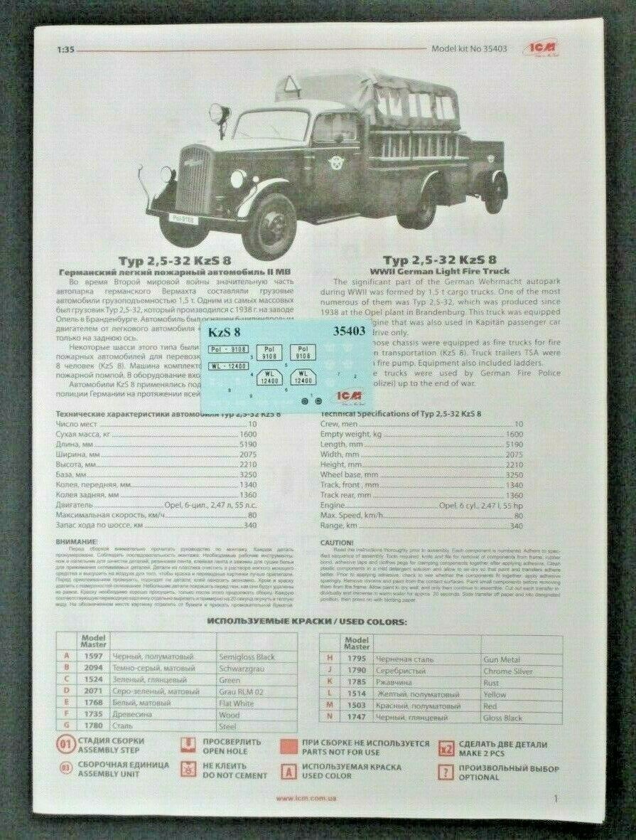 ICM 1/35th Scale Typ 2.5-32 KzS 8 Fire Truck - Decals from Kit No ...