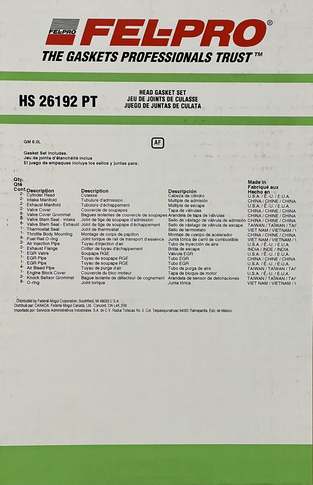 Fel-Pro HS26192PT 2003-2001 GMC V8 364 (6.0L OHV) VIN U 2nd Design w ...