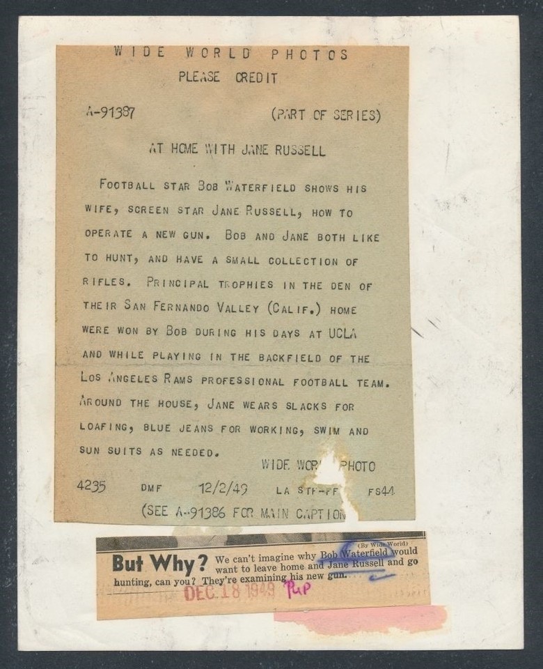 1949 Jane Russell, "Pin-Up Queen Poses with Bob Waterfield and his Guns ...