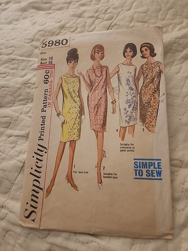 1965 SIMPLICITY PRINTED PATTERN MISSES 1 PIECE DRESS PATTERN #5980 ...
