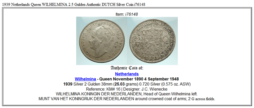 1939 Netherlands Queen WILHELMINA 2.5 Gulden Authentic DUTCH Silver ...