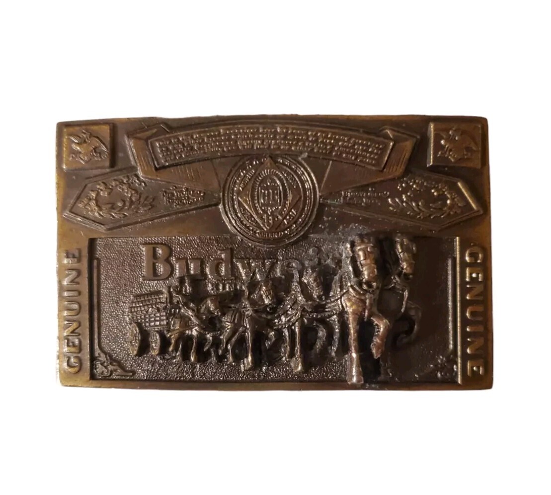 Genuine BUDWEISER Beer Brass Belt Buckle (1982; Seria… - Gem