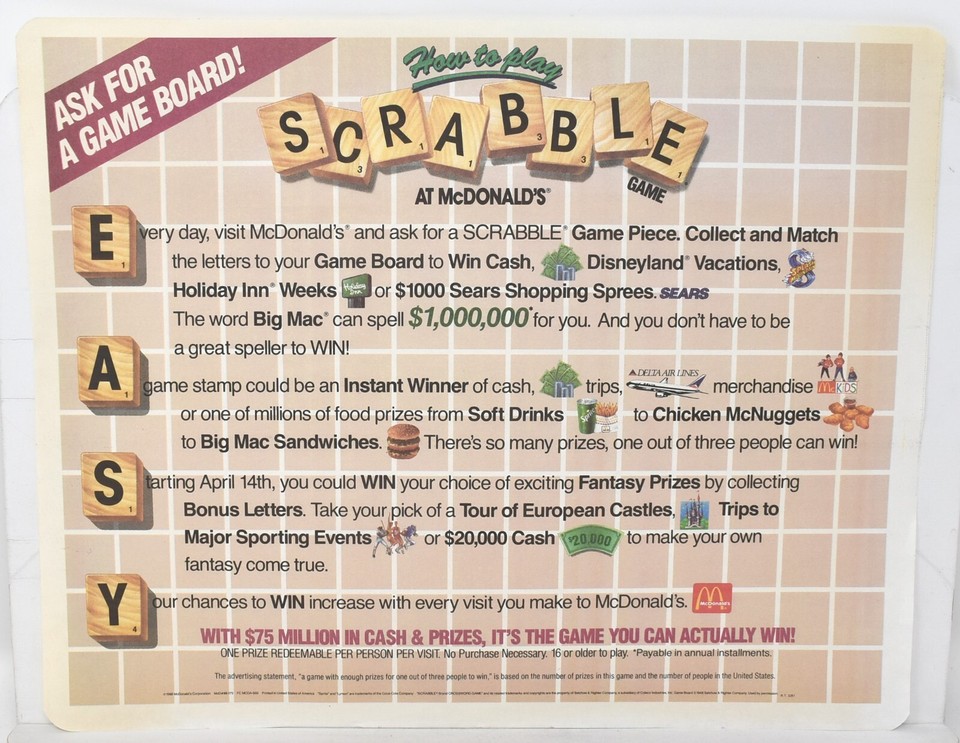 1988 McDonald's Scrabble Game Piece Board Disneyland Vacation Sears ...