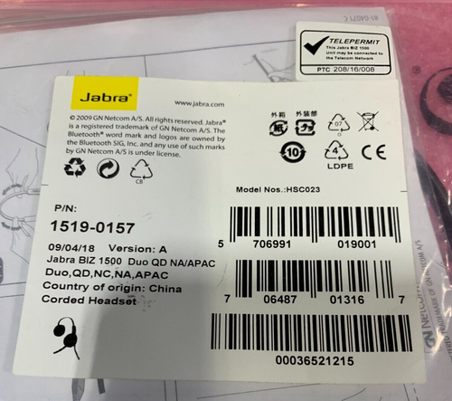 Jabra Biz 1500 Duo Professional UC Wired Headset - Black for sale ...