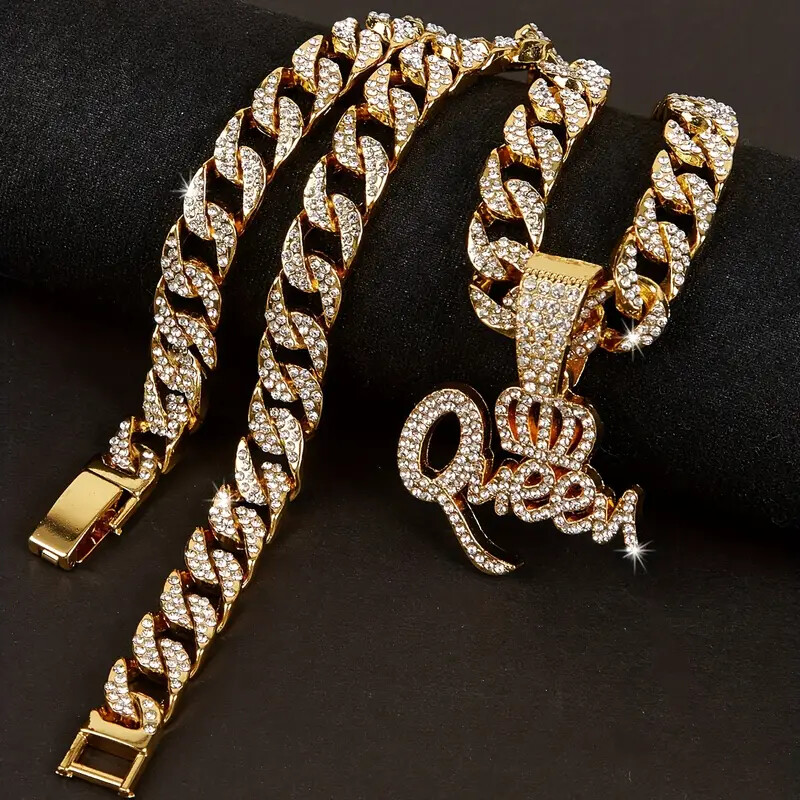 Queen Crown Hip Hop Pendant 18" Iced Cubic Zirconia Cuban Chain Women ...