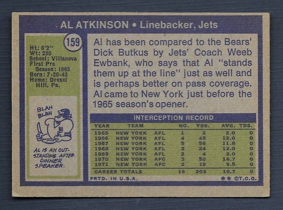 1972 Topps Al Atkinson #159 New York Jets EX- | eBay