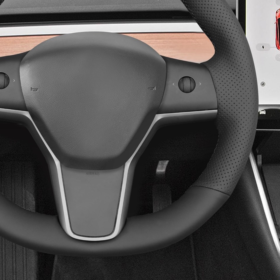 MEWANT Hand Stitch Black Genuine Leather Steering Wheel Cover Wrap for ...