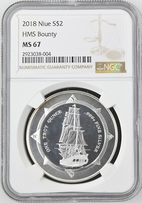 2018 NIUE $2 HMS Bounty Silver Coin Bullion / QEII / NGC MS-67 / 1 OZ ...