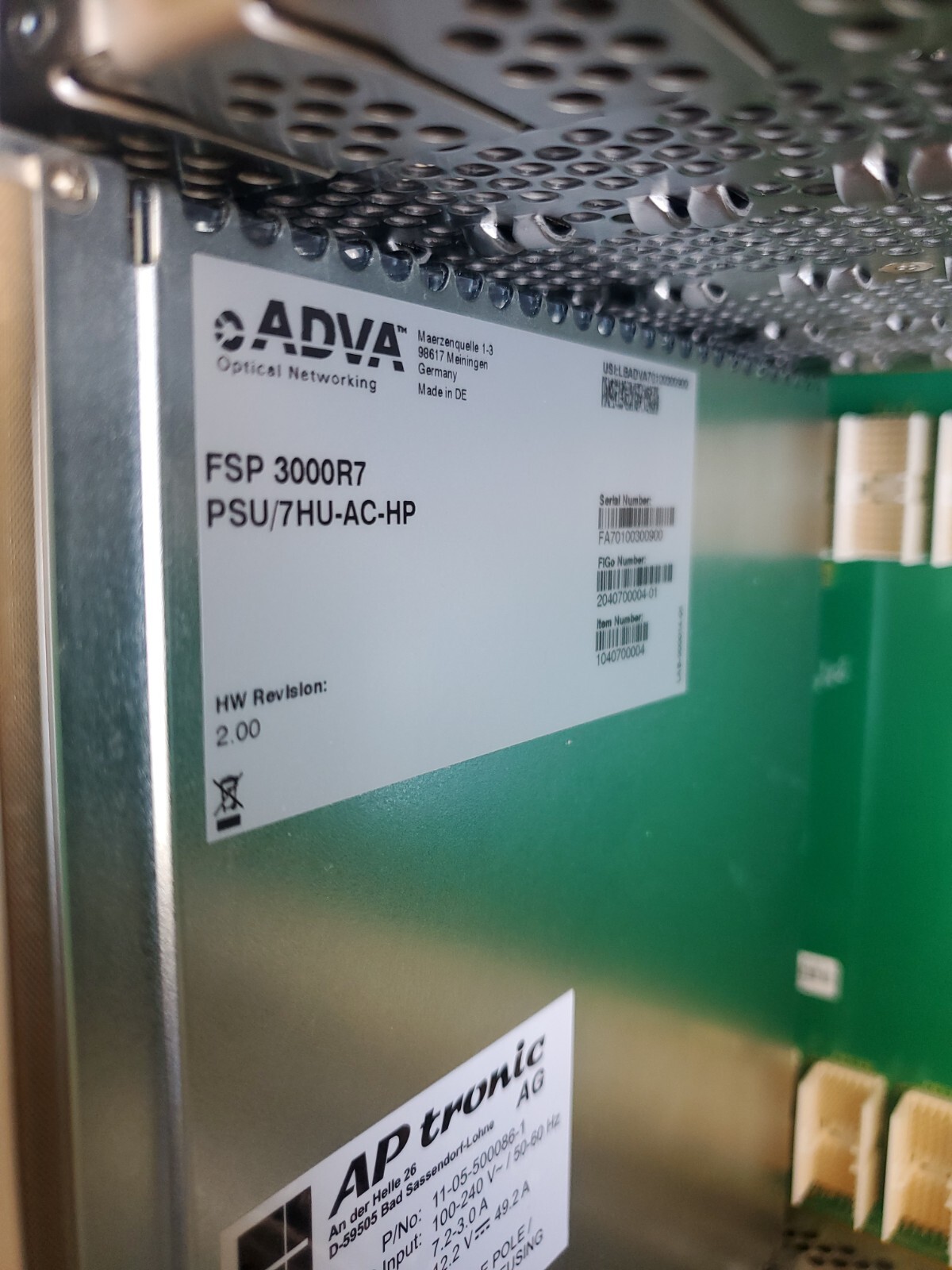 ADVA FIBER SERVICE PLATFORM FSP 3000R7 OPTICAL S7HU SHELF 2AC-HP&SCU ...