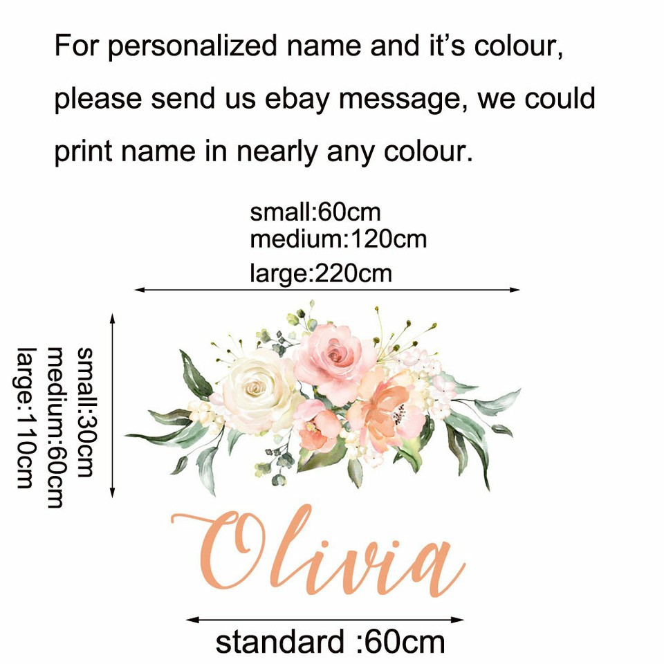 Personalised Name Nursery Wall Sticker Rose Flower Baby Home Decor ...