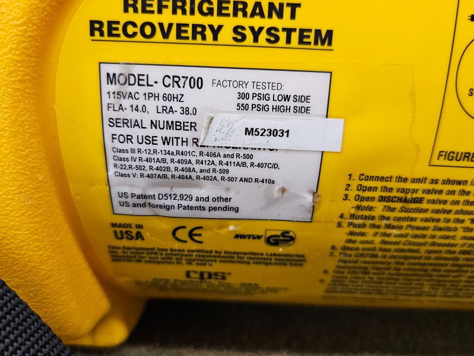 CPS Pro-Set Refrigerant Recovery System Cyclone 1Hp CR700 | eBay