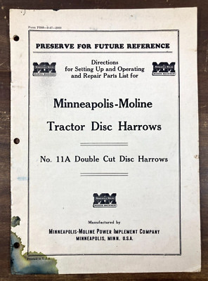 Minneapolis Moline 11A Double Cut Disc Harrows 1947 Operator Manual ...