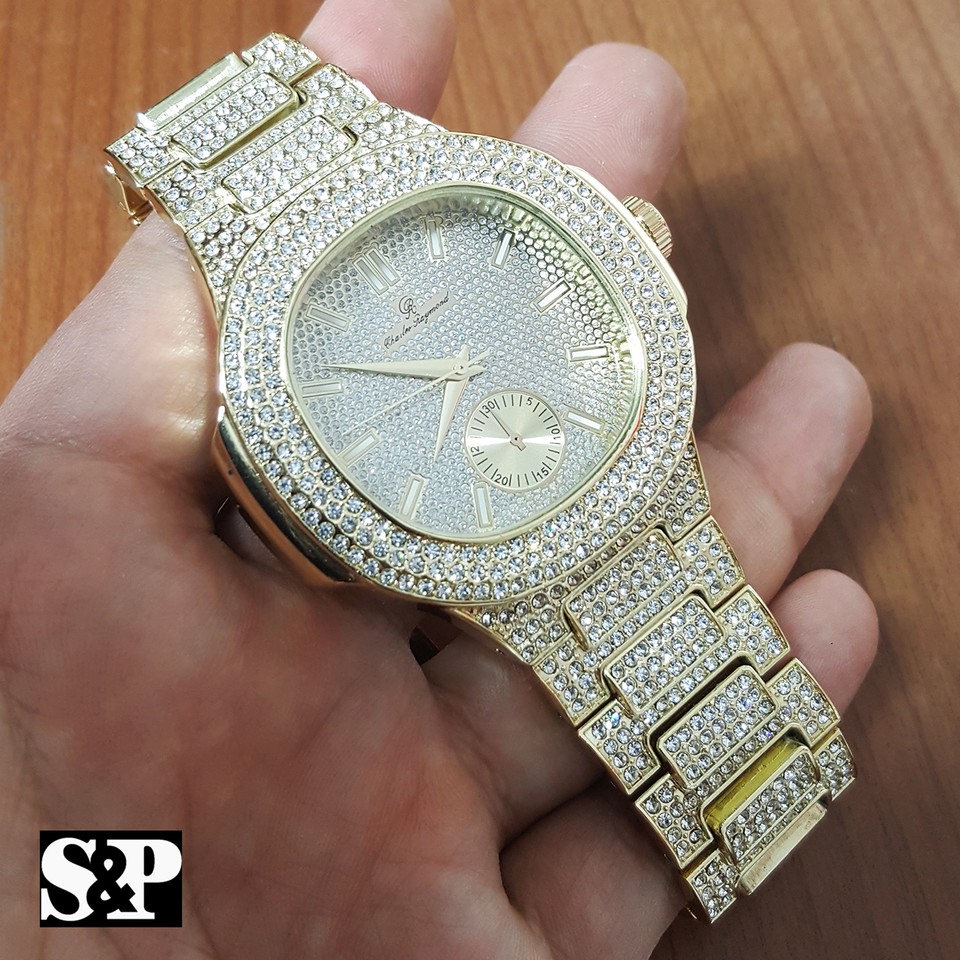 MEN'S HIP HOP QUAVO GOLD PT LUXURY WATCH & FULL ICED CUBAN BRACELET ...