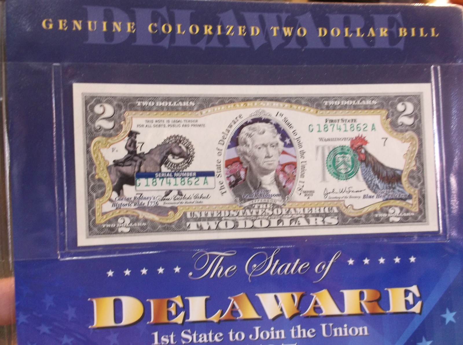 GENUINE COLORIZED TWO DOLLAR BILL $2, STATE OF DELAWARE 1787, 1st TO ...