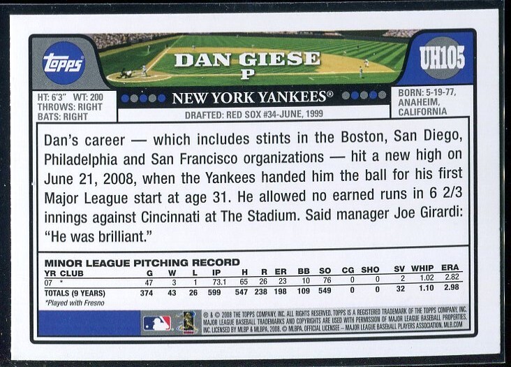 2008 Topps Baseball Dan Giese #UH105 New York Yankees | eBay