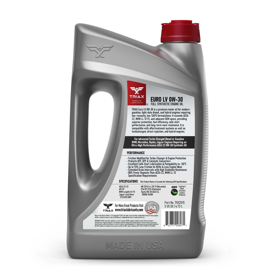 TRIAX Euro LV 0W-30 ACEA C2 Full Synthetic European Engine Oil (5 Quart ...