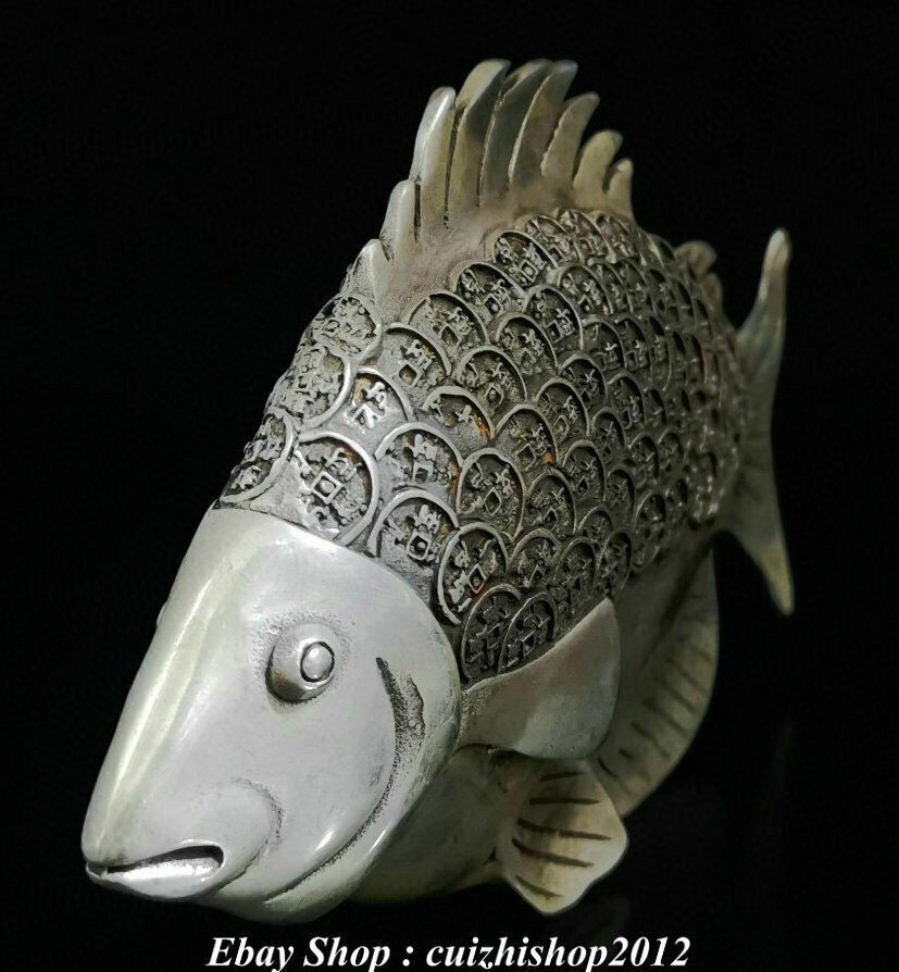 7" Old Chinese Tibet Silver Fengshui Wealth Fish Goldfish Coin Animal ...