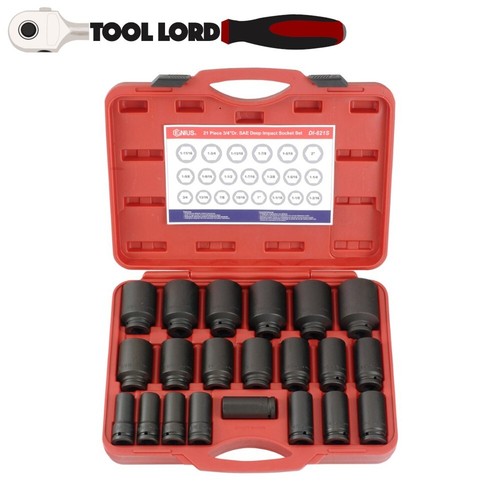 Genius Tools 21 Pce 3/4” Drive Deep Imperial SAE Impact Socket Set DI ...