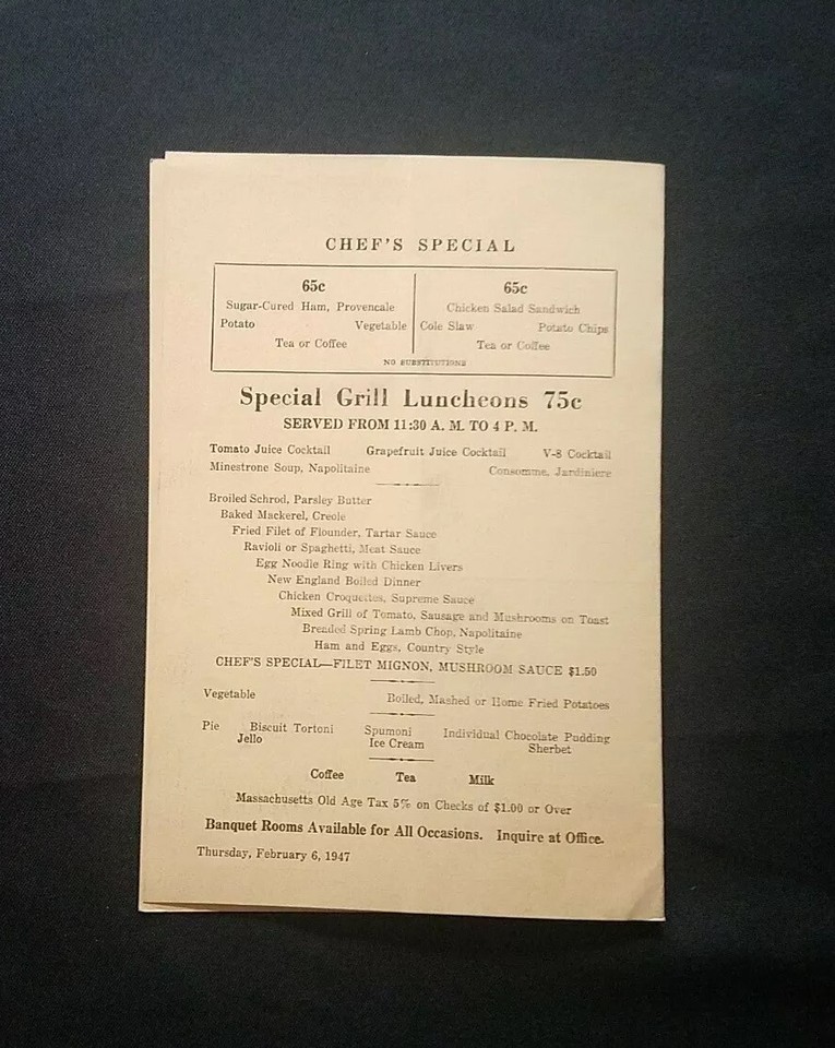 1947 Vintage Restaurant Menu The Gardner Hotel Boston Massachusetts | eBay
