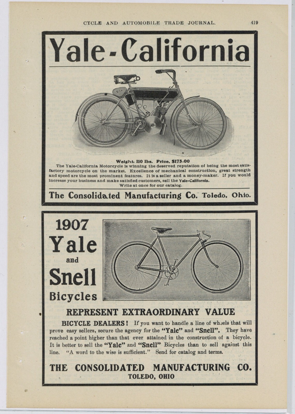 1907 Consolidated Mfg. Co. Ad: Yale California Motorcycle, Bicycle ...