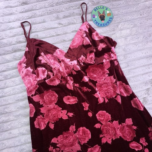 Women’s XL Red Pink Rose Velvet Midi Babydoll Tie Waist Tank Dress Y2K ...