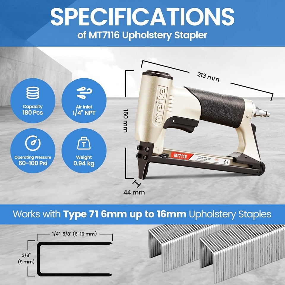meite MT7116 Pneumatic Staple Gun 22 Gauge 1/4" to 5/8" Air Upholstery ...
