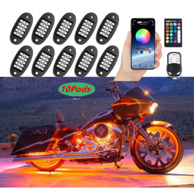 10 Pods RGB LED Rock Lights Neon Underglow Kit For Harley Road Street ...