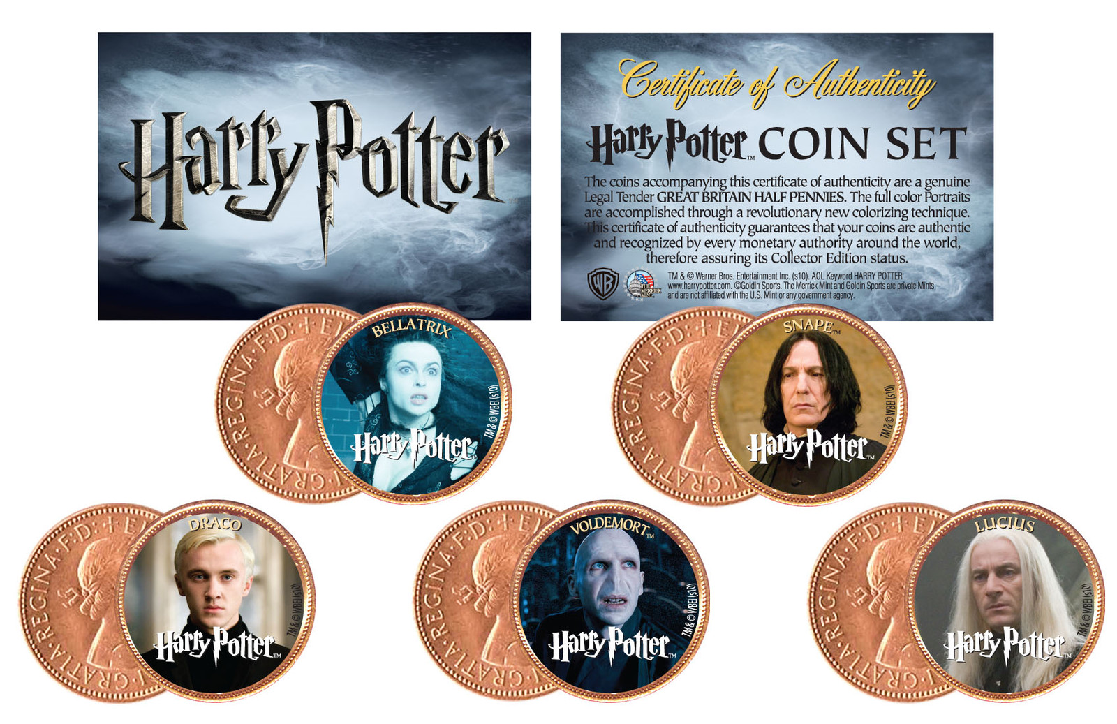 HARRY POTTER Officially Licensed UK British Half Penny Coins 5-Coin Set ...