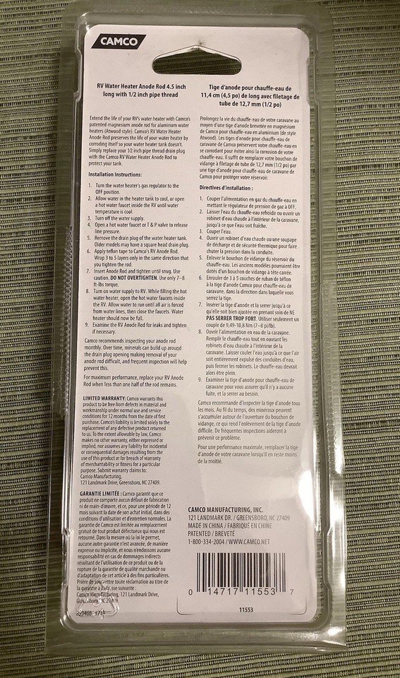 Camco RV Water Heater 4.5” Anode Rod - Magnesium 1/2 “NPT For Atwood ...