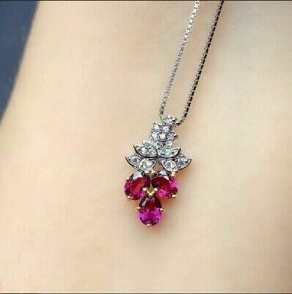 1.90Ct Oval Cut Lab Created Red Ruby Cluster Pendant 14K White Gold ...